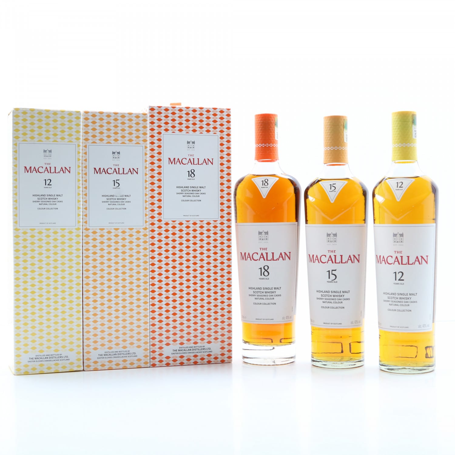Macallan 12 Year Old, 15 Year Old & 18 Year Old Colour Collection 3 x ...
