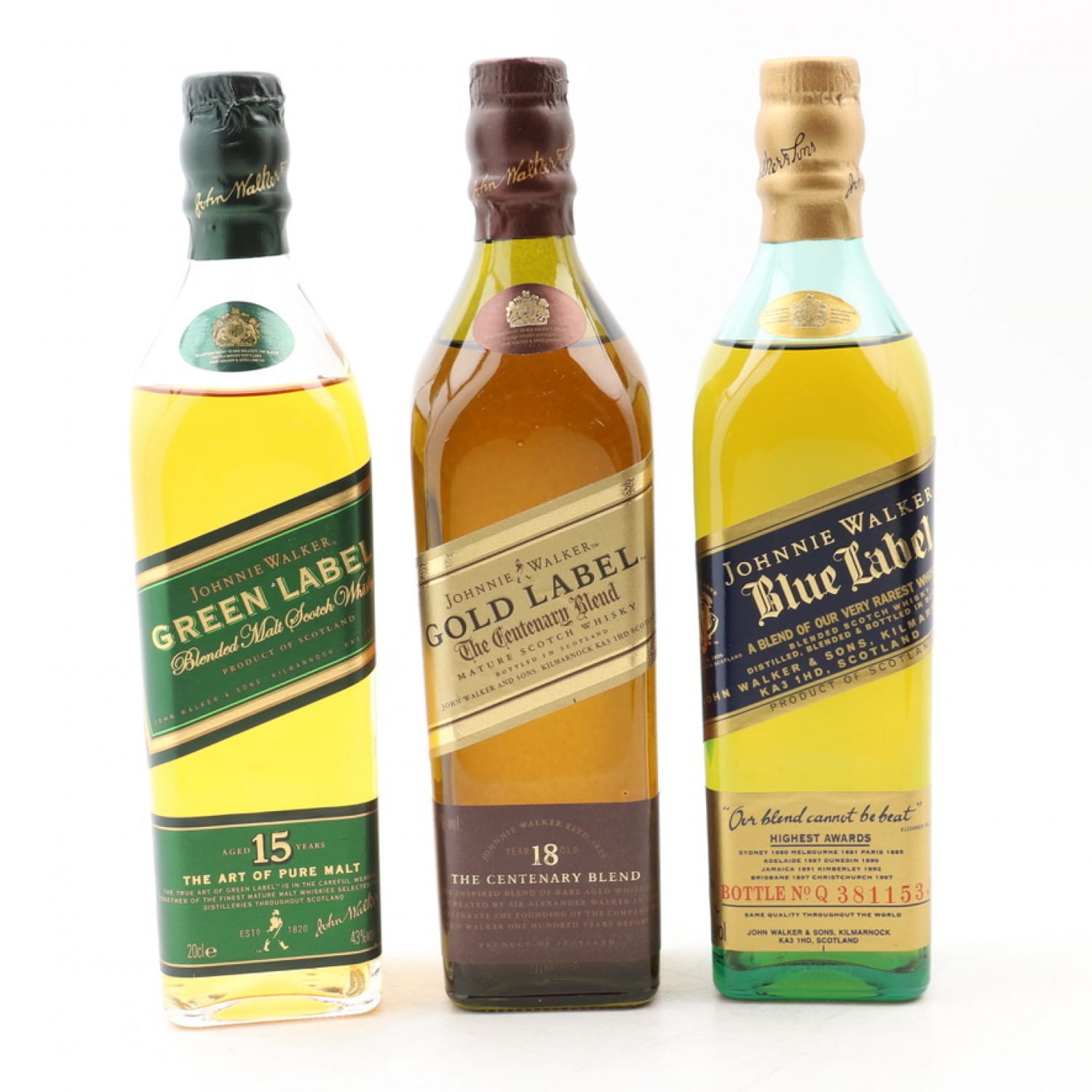 Johnnie Walker 15 Year Old Green Label, 18 Year Old Gold Label & Blue ...